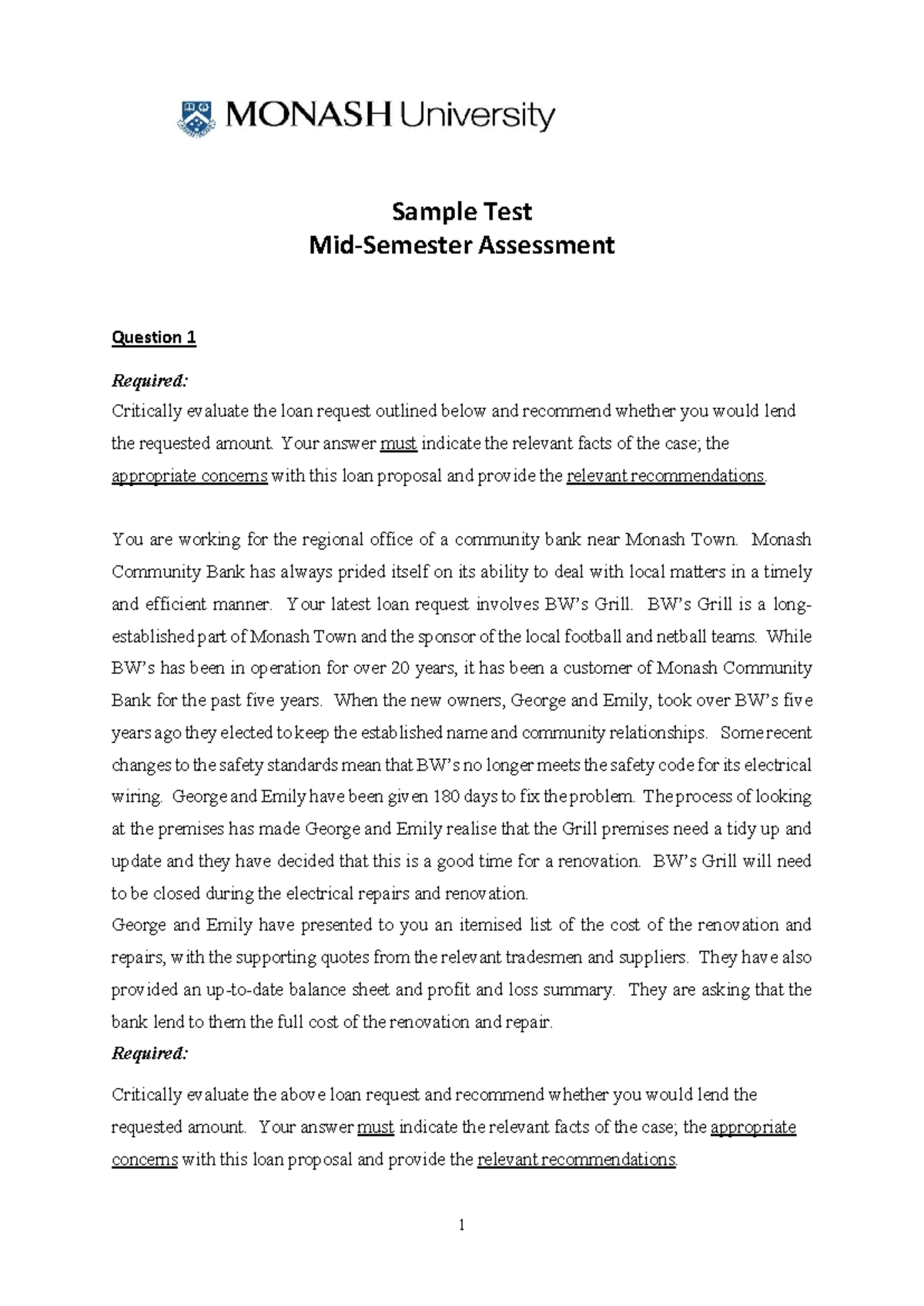 Sample Test Assessment: Loan Evaluation for Grill Renovation - Studocu