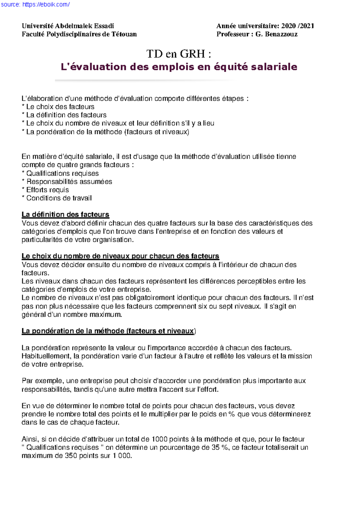 TD en GRH: Évaluation des Emplois et Équité Salariale PDF - Studocu