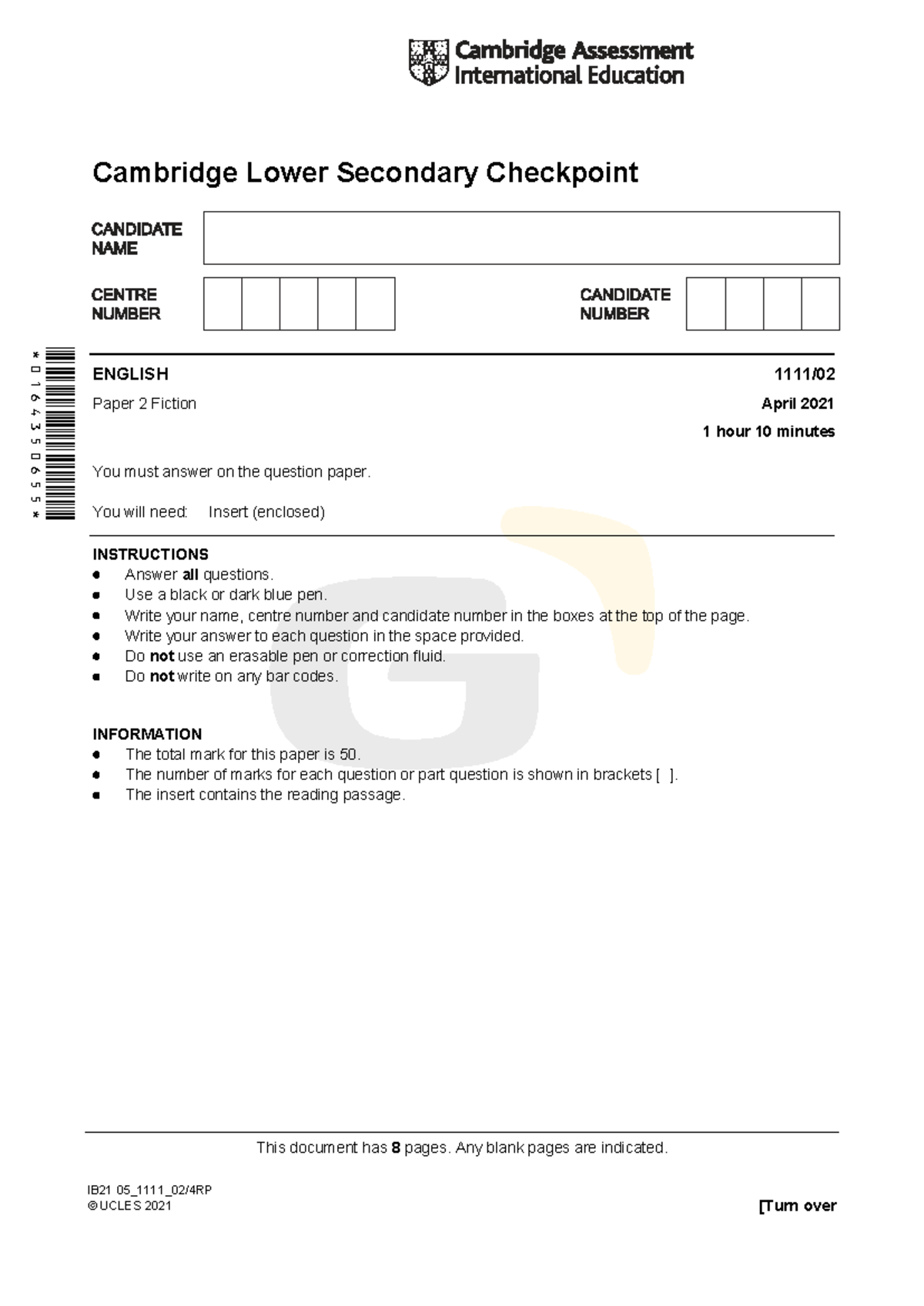 Cambridge Lower Secondary Checkpoint ENGLISH P2 Fiction Exam Qs - Apr ...