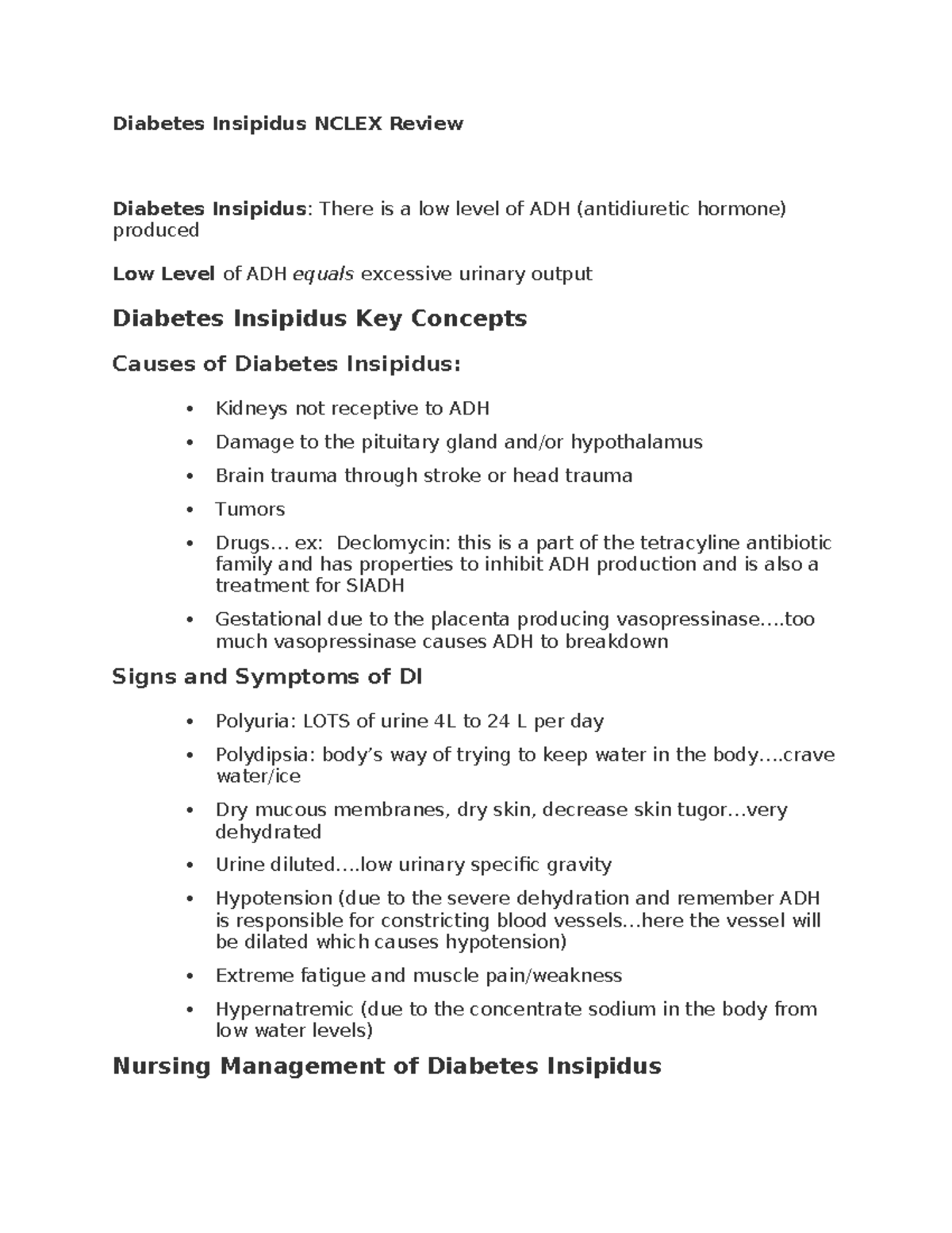 Diabetes Insipidus NCLEX Review Notes: Key Concepts & Management - Studocu