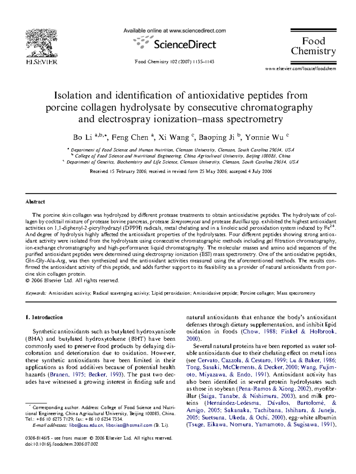 Isolation and Identification of Antioxidative Peptides from Porcine ...