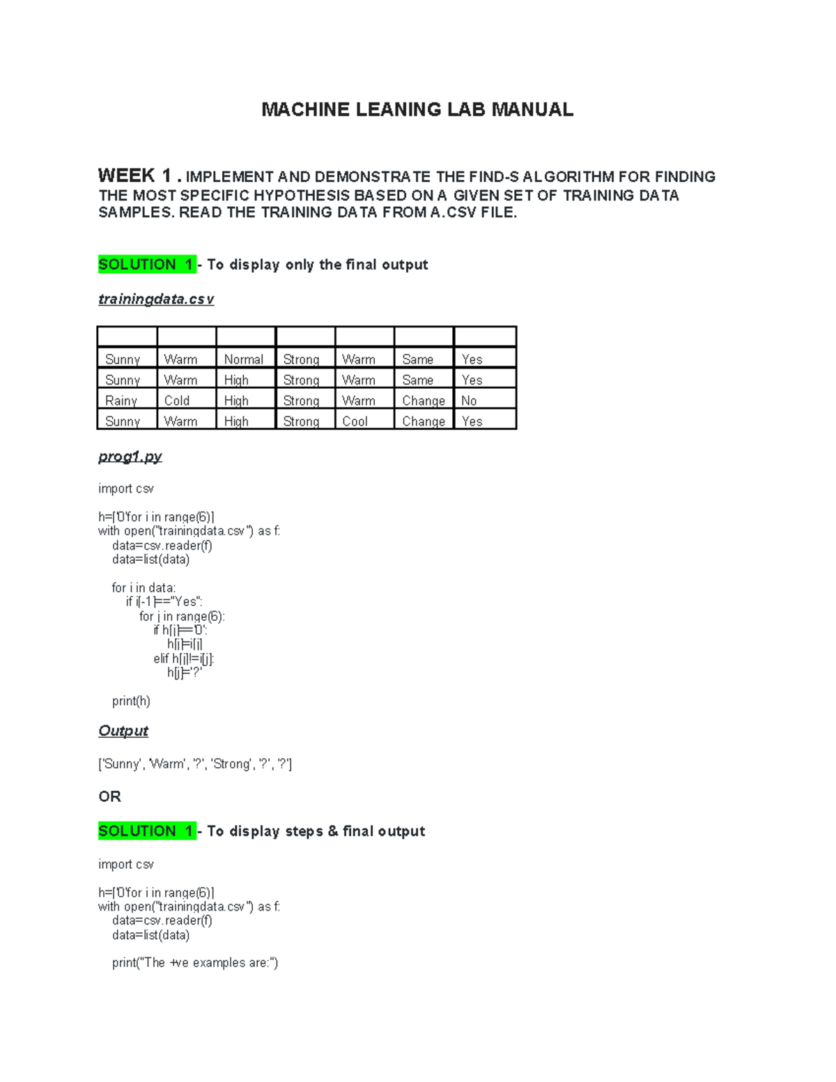 ML LAB Manual: Week 1 - Implementing Hypothesis Algorithms - Studocu