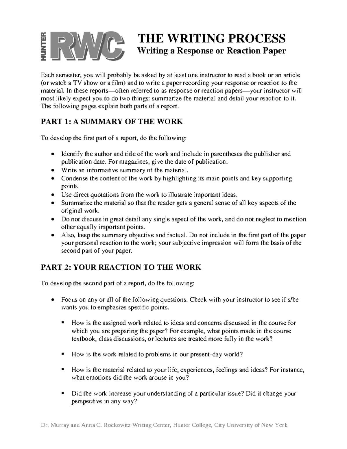 ENG 101: Writing a Response or Reaction Paper Guide - Studocu