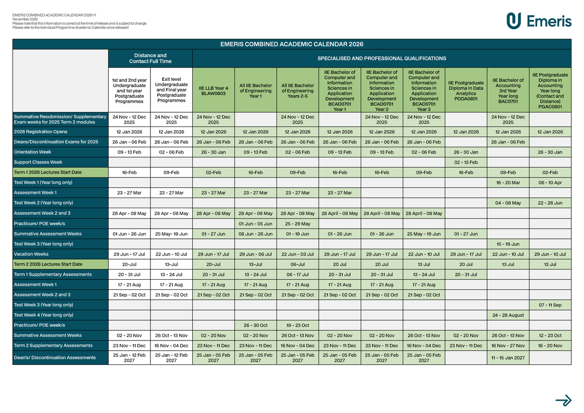 EMERIS ACADEMIC CALENDAR 2026 V1 - Important Dates & Info - Studocu