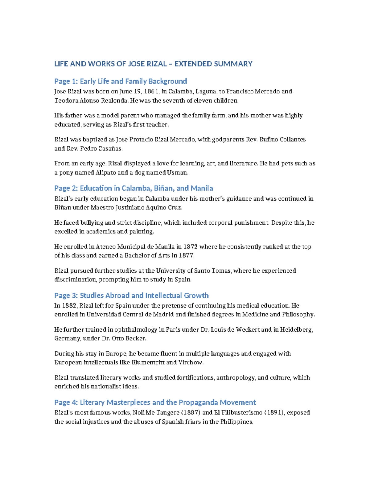 LIT 101: Jose Rizal's Life and Works - Midterm Summary - Studocu