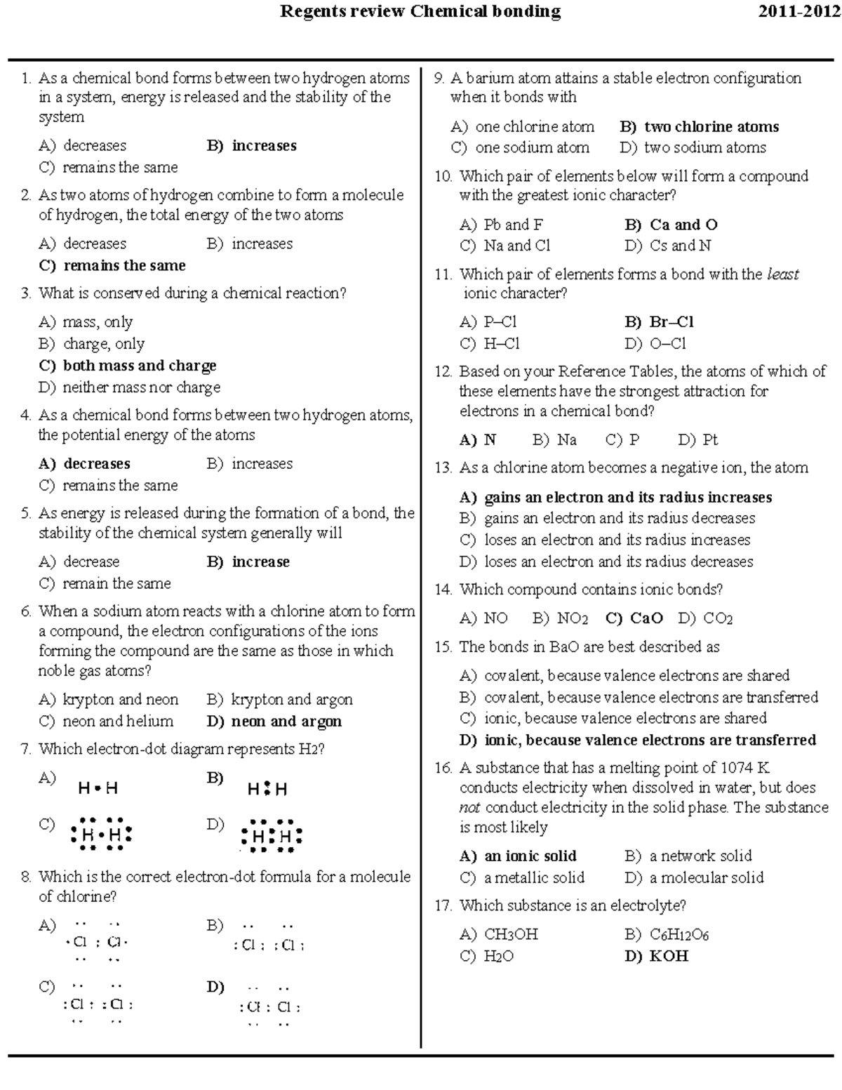 Regents Review: Key Concepts of Chemical Bonding 2011 - Studocu