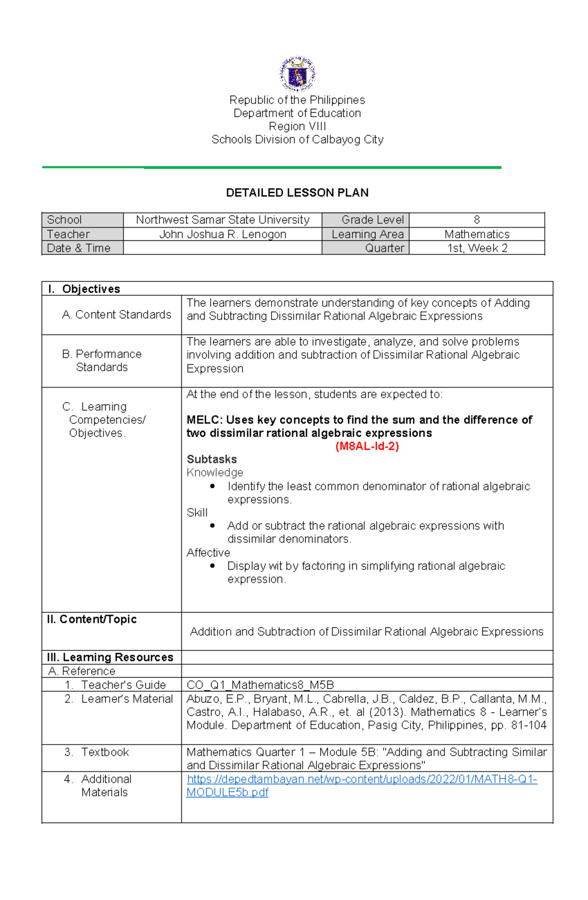 Detailed Lesson Plan (DLP) on Adding & Subtracting Dissimilar Rational ...