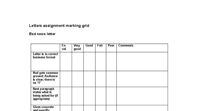 Letters Assignment Grading Rubric: Bad News Letter Evaluation - Studocu