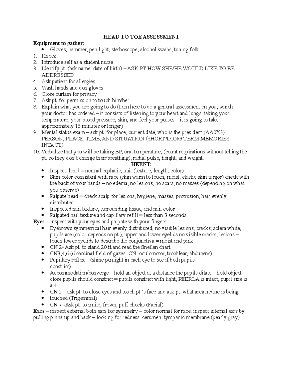 Head to Toe Assessment Script for Student Nurses - Nursing 101 - Studocu