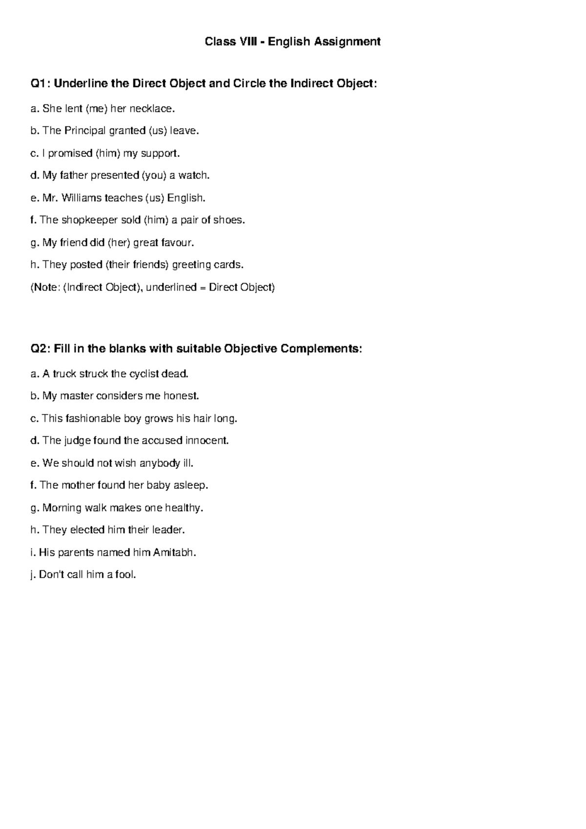 Class VIII English Assignment: Direct & Indirect Objects, Complements ...
