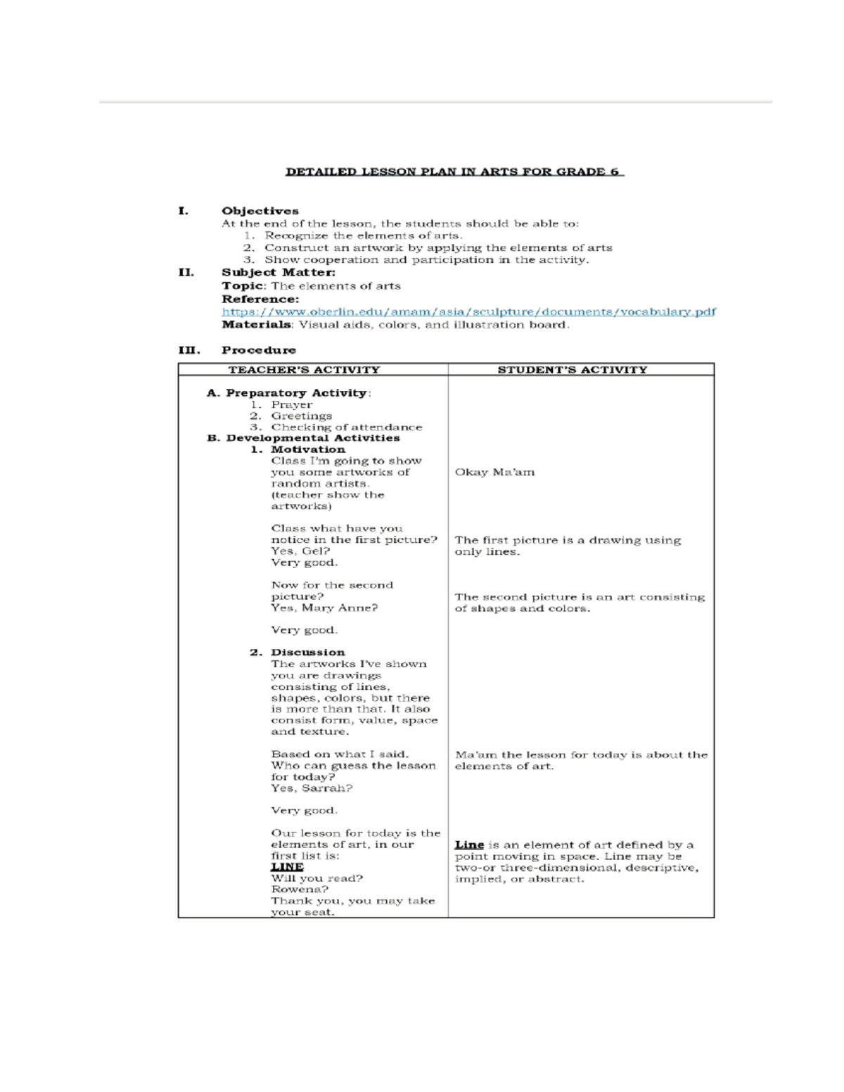 DLP-ART: Detailed Lesson Plan on Elements of Art for Grade 6 - Studocu