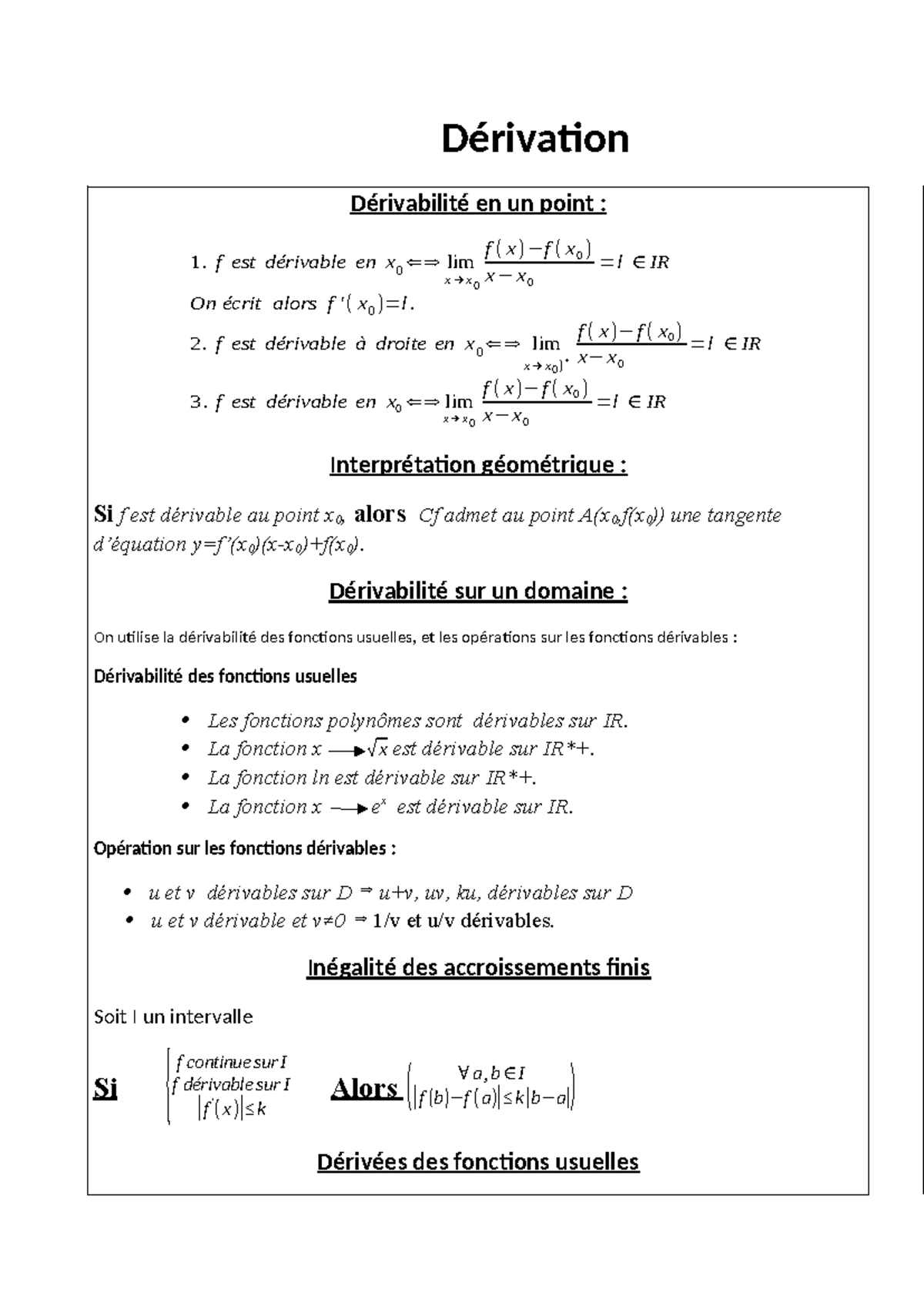 Dérivabilité en un point : Cours sur les Fonctions Dérivables - Studocu