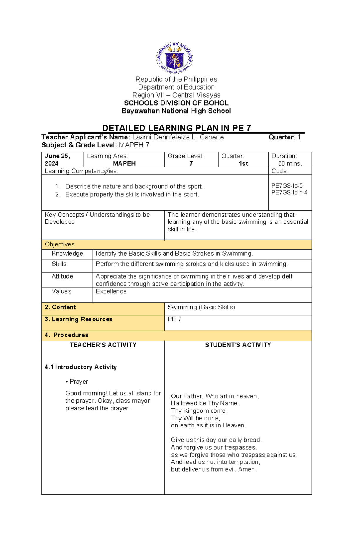 Detailed Lesson Plan for Swimming in PE 7 (MAPEH 1st Quarter) - Studocu