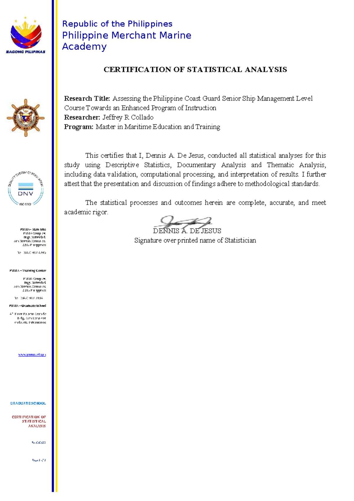 PMMA Master in Maritime Education Statistical Analysis Certification ...