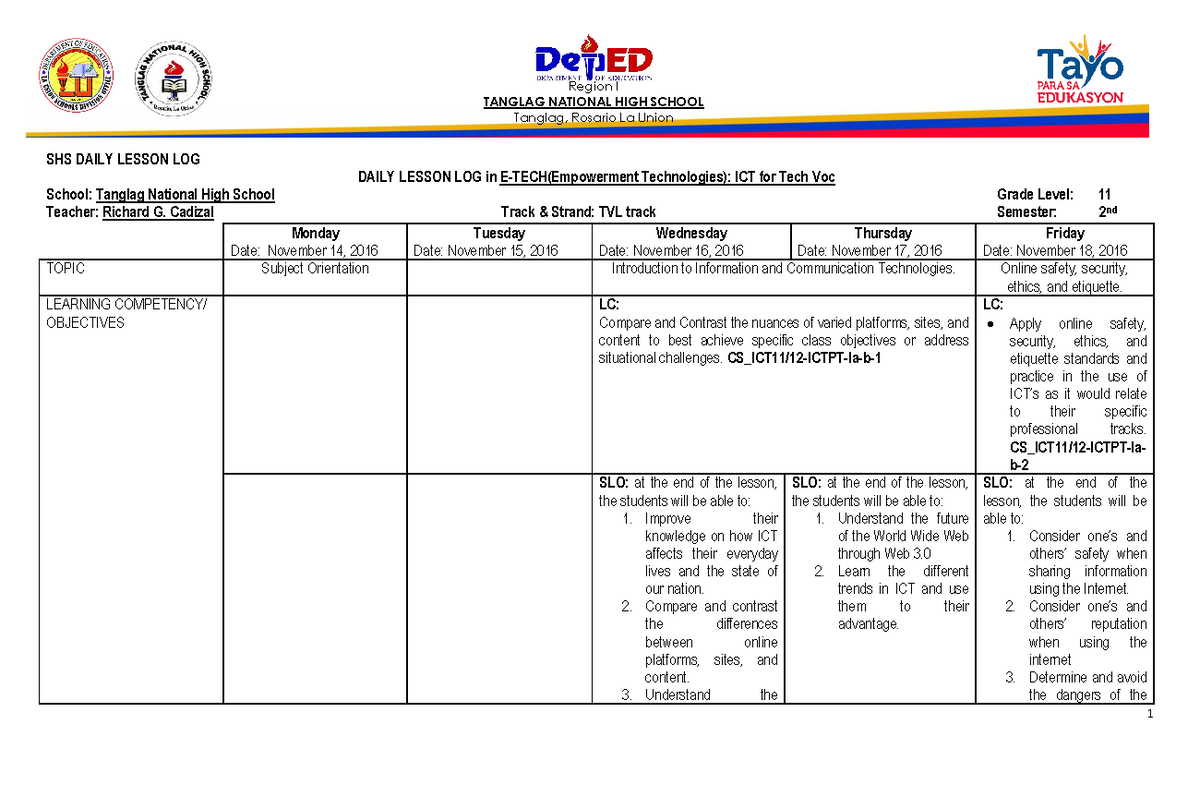 Region I TANGLAG NATIONAL HIGH SCHOOL SHS Daily Lesson Log: ICT for Tech Voc - Studocu