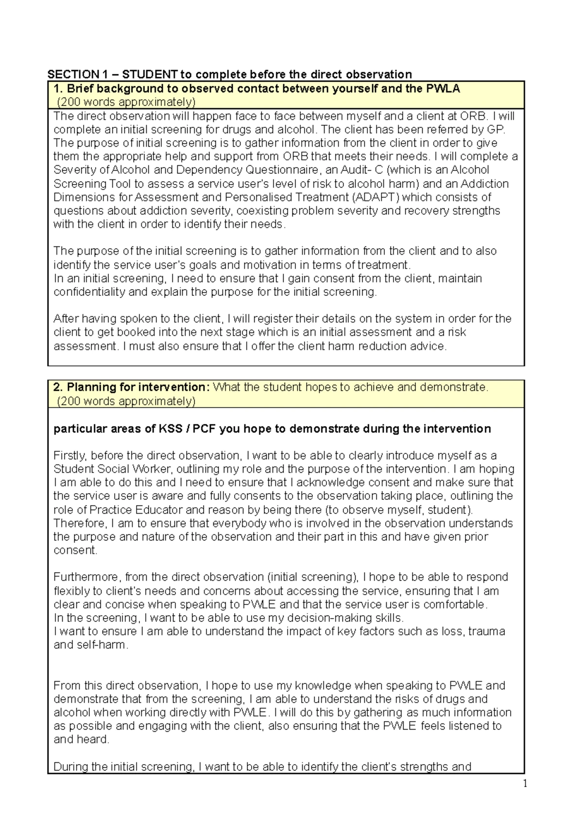 Do form 1 - direct observation form reflective essay - SECTION 1 ...