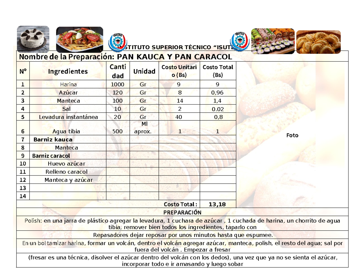 Preparación de PAN KAUCA y PAN CARACOL: Ingredientes y Proceso - Studocu