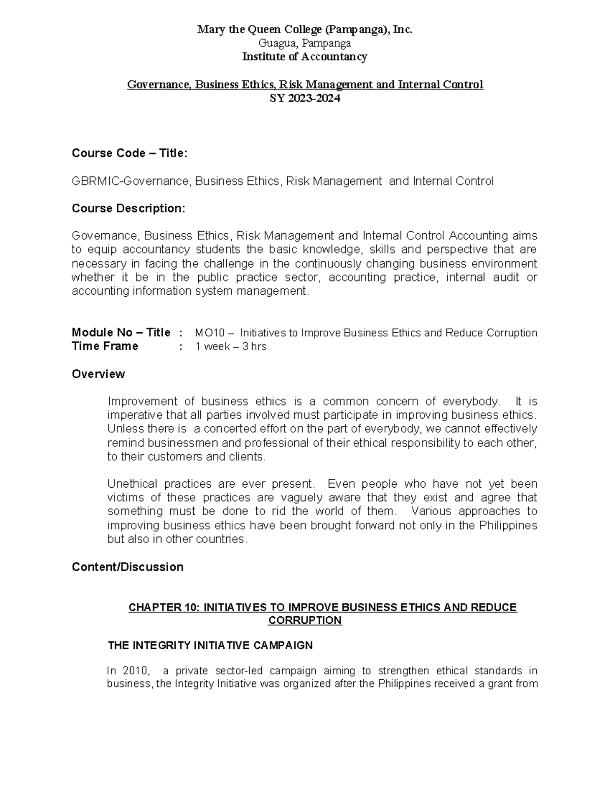 Chapter 10: Governance, Business Ethics, Risk Management & Internal ...