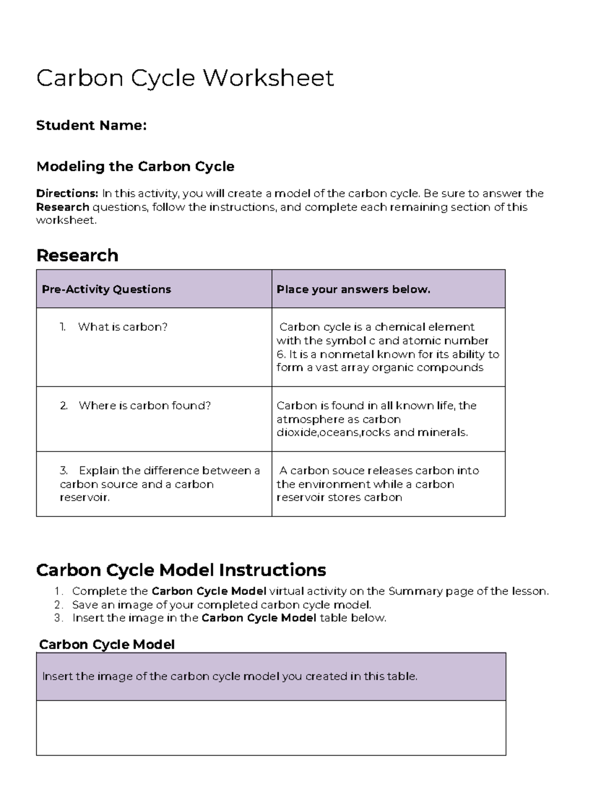 Carbon Cycle Worksheet: Modeling & Analyzing the Carbon Cycle - Studocu