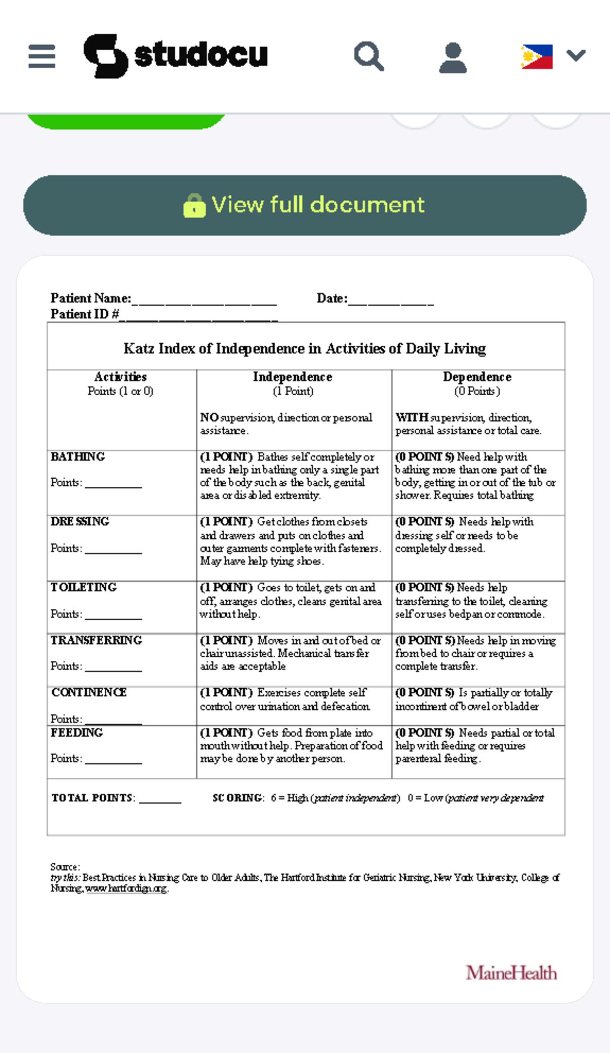 Katz Index of Independence in ADLs - BS Occupational Therapy - Studocu