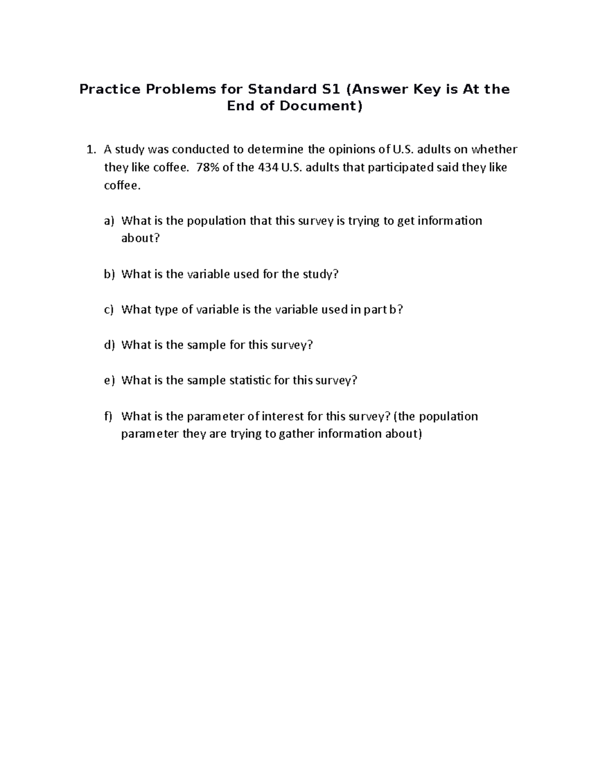 Practice Problems for Standard S1: Surveys & Answer Key - Studocu