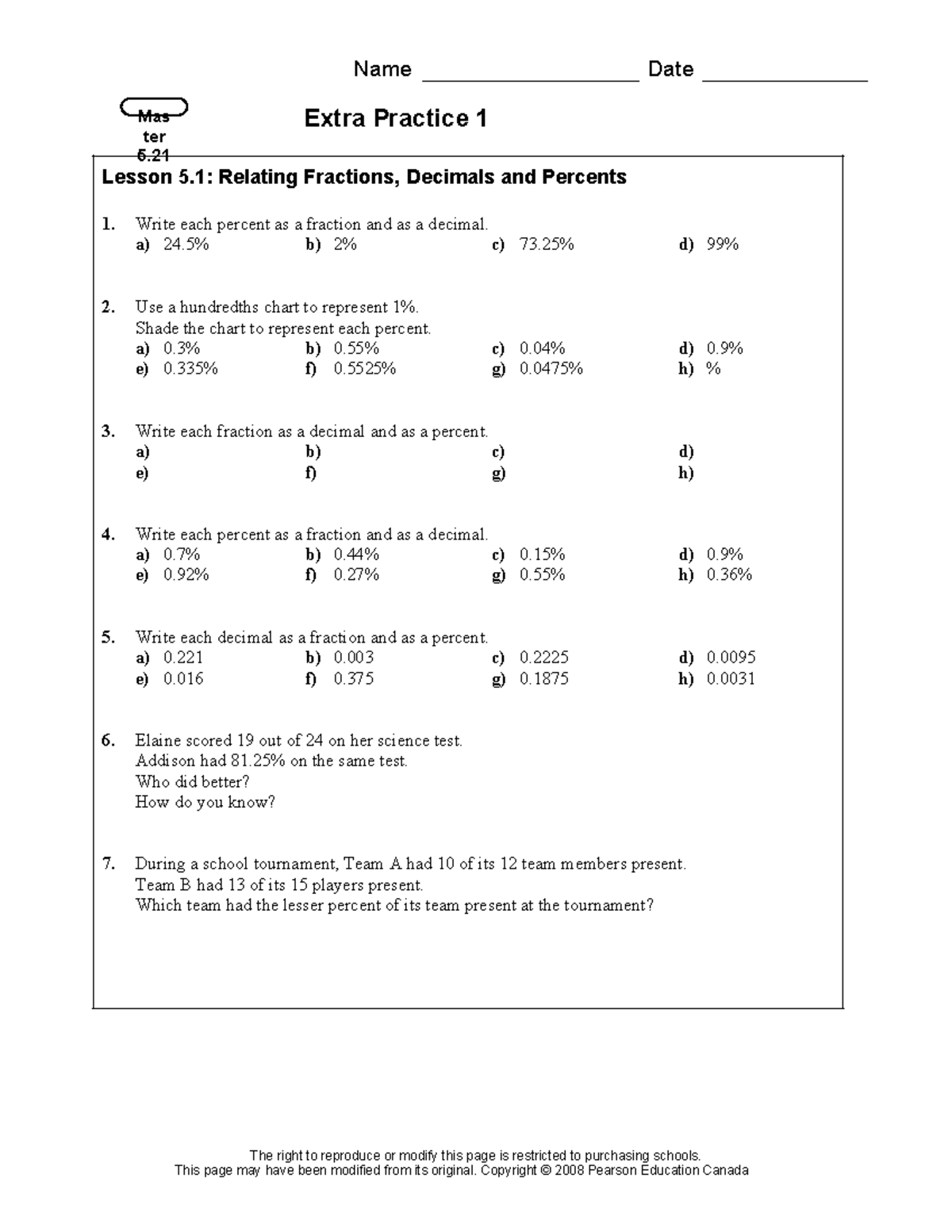 Master 5.21 Extra Practice: Relating Fractions, Decimals & Percents ...