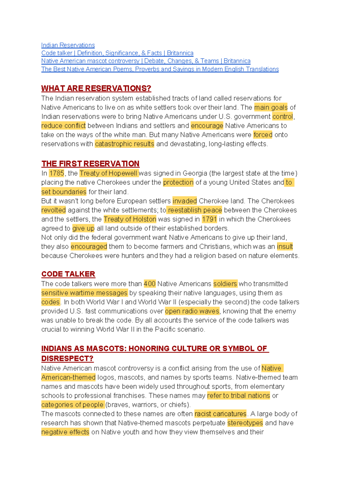 Native American History: Reservations, Code Talkers, and Mascots - Studocu