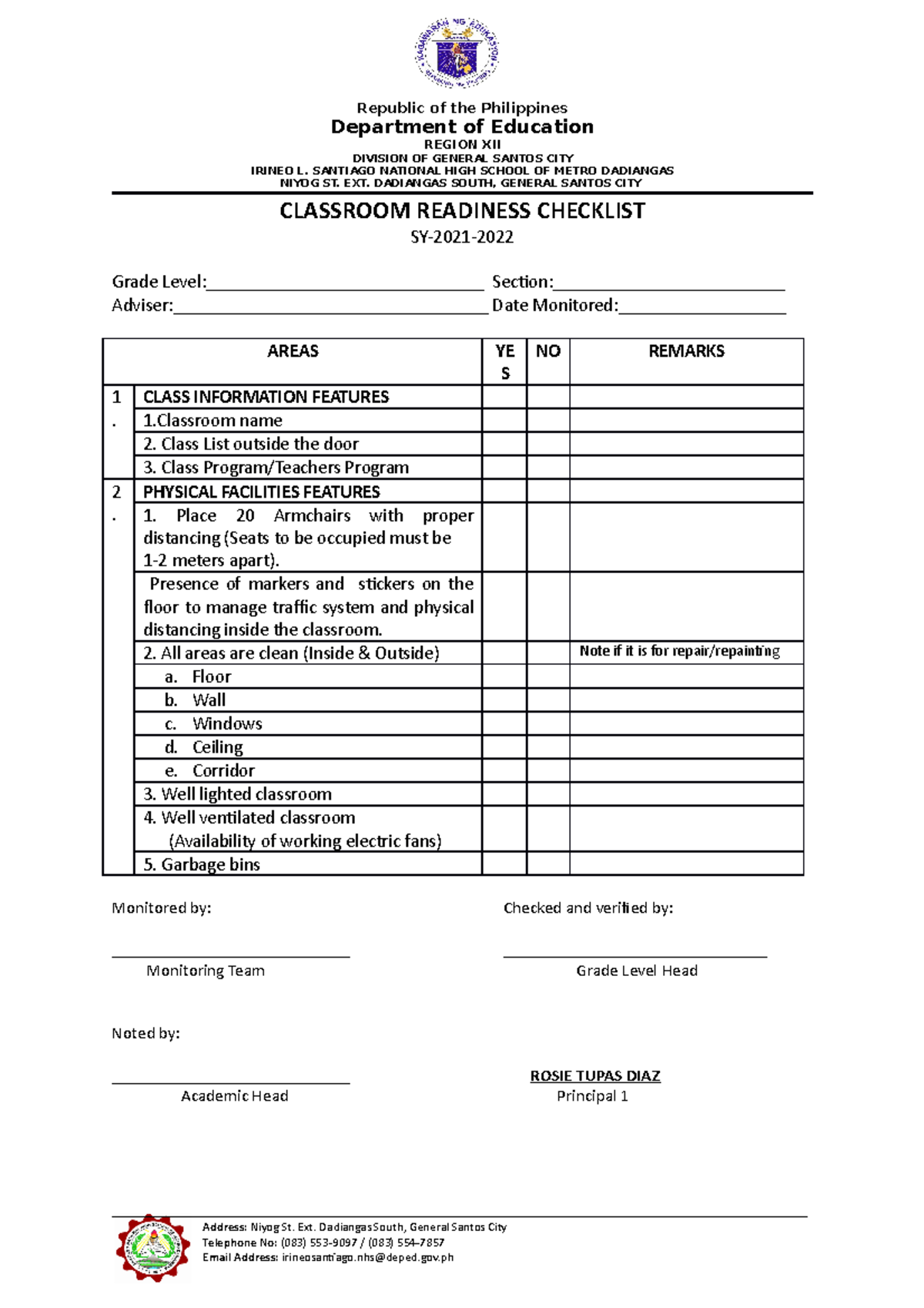Classroom Readiness Monitoring Form 2021 2022 - Republic of the ...