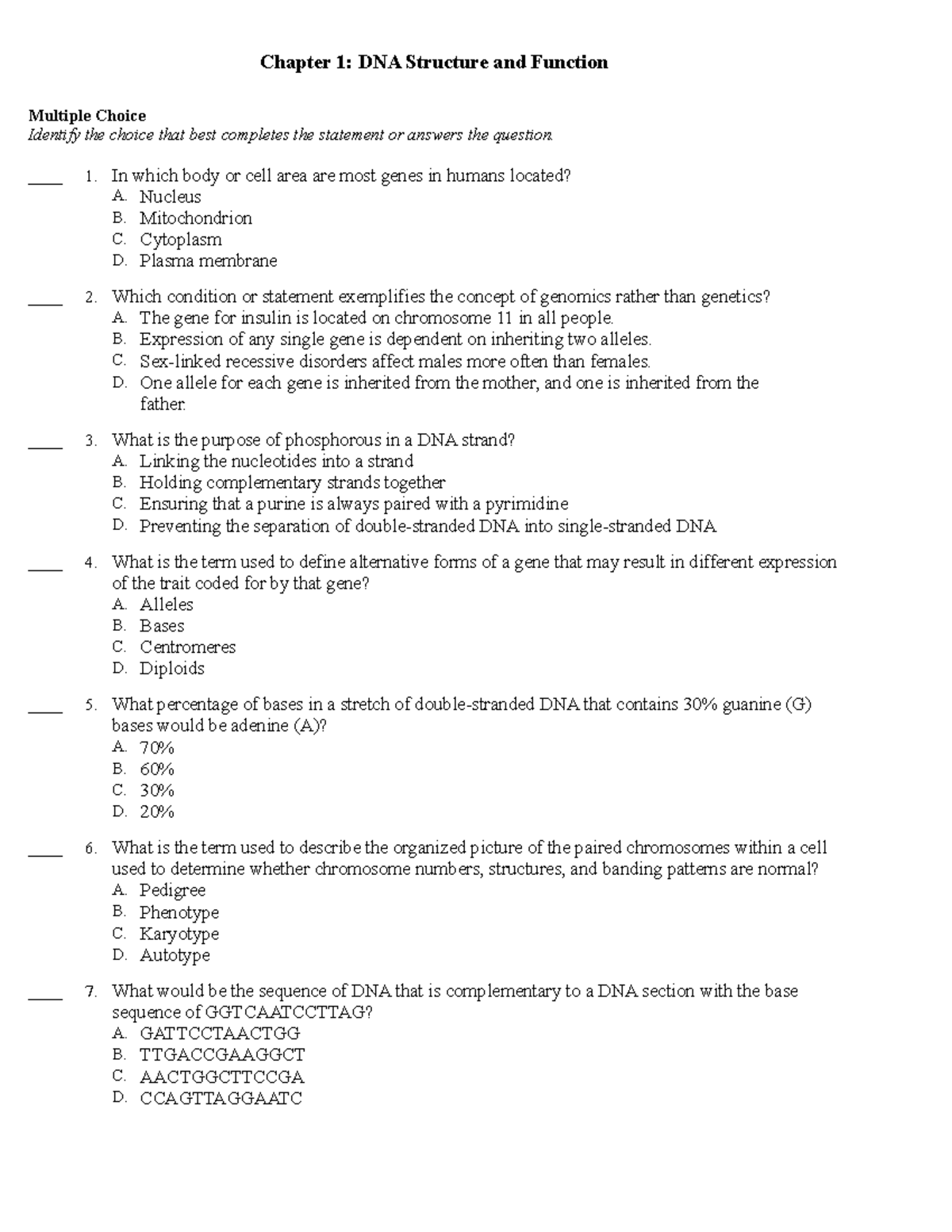 DNA Structure and Function Practice Questions - CH1 Exam Review - Studocu
