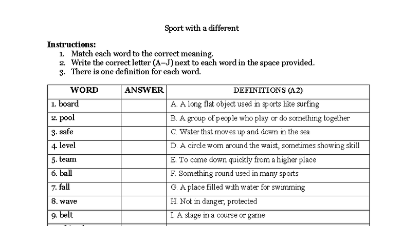 UNIT 6 Reading - Sport Vocabulary Definitions and Activities - Studocu