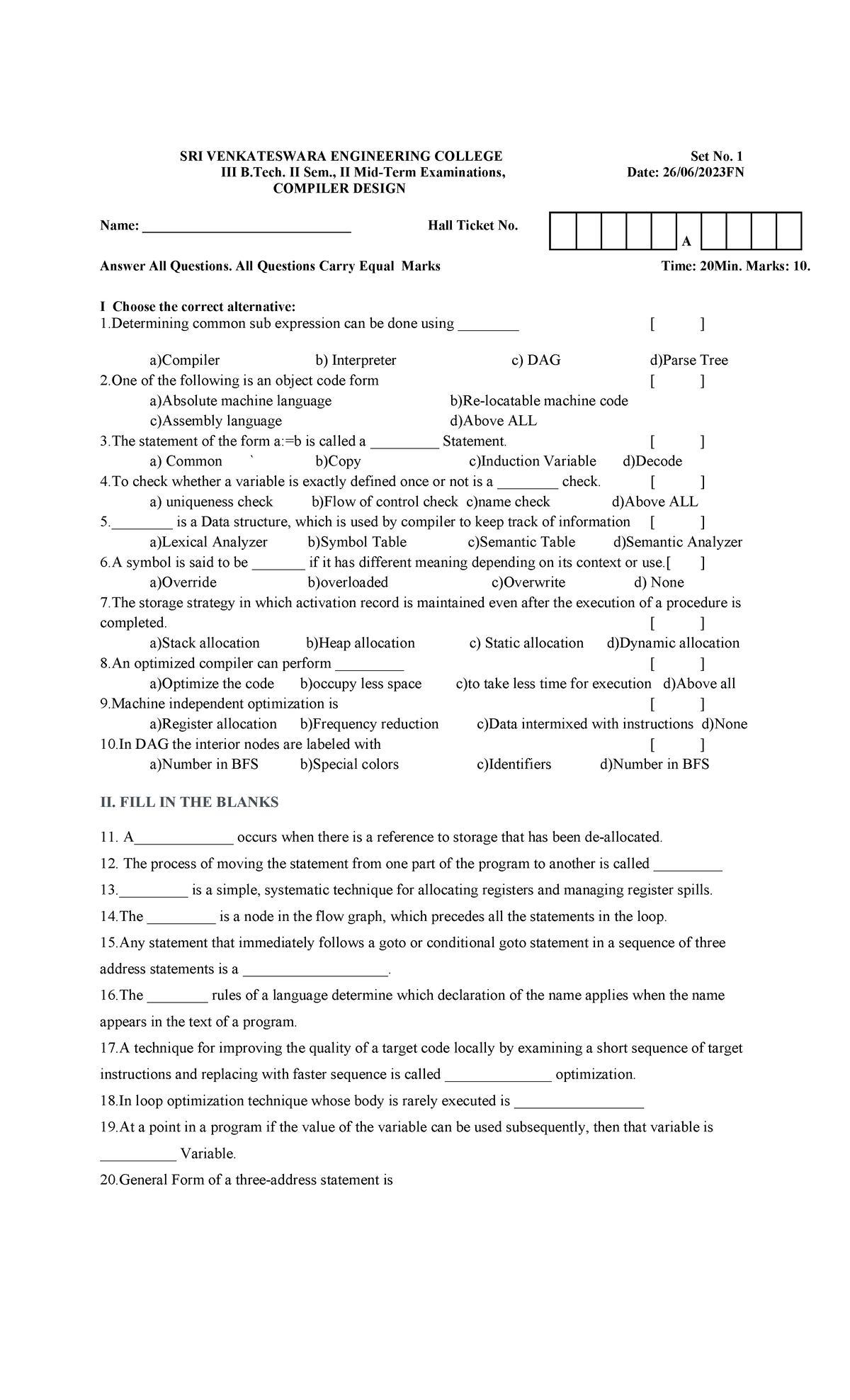 B.Tech. II Sem. Compiler Design practice paper - Set No. 1 - Studocu