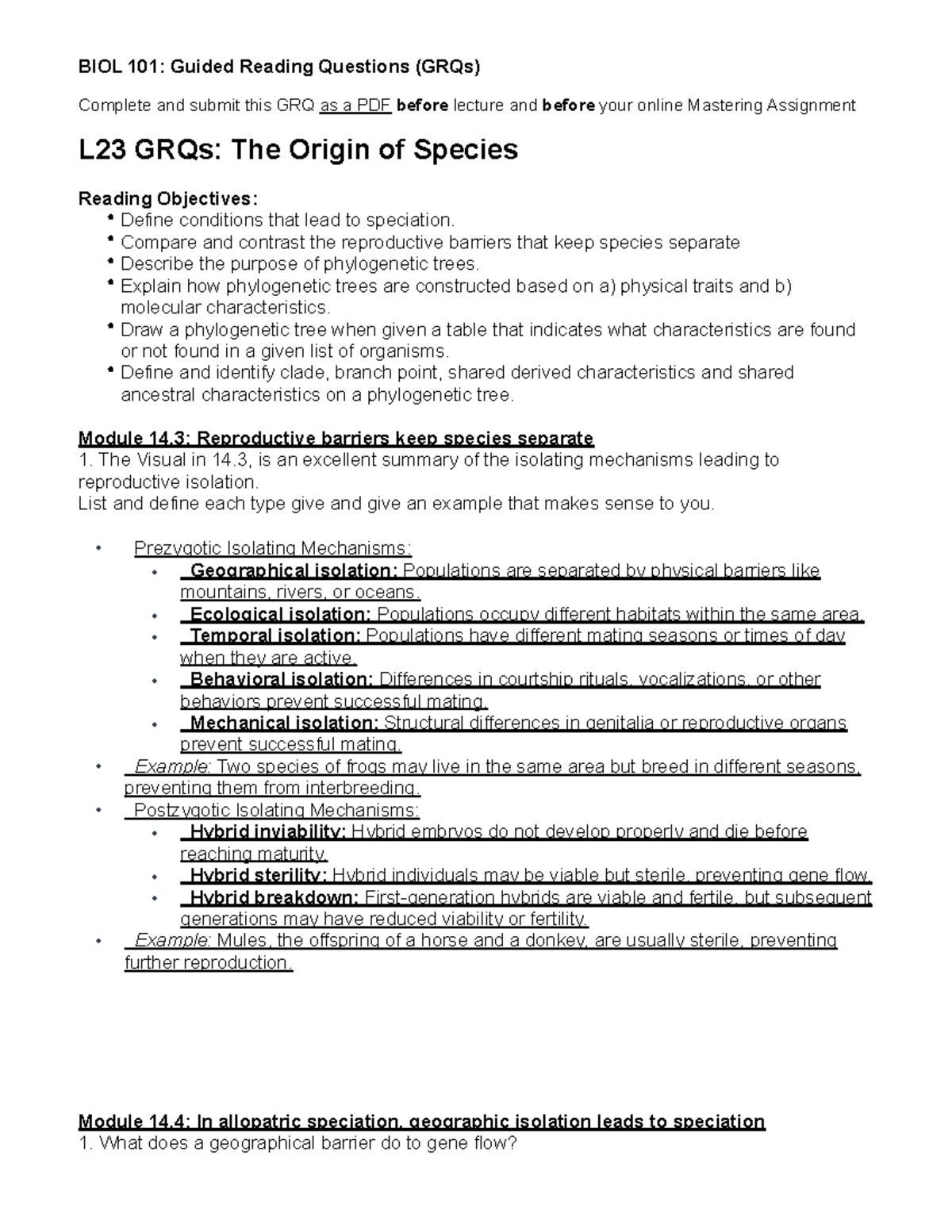 Lesson 23 GRQs - The Origin of Species - BIOL 101 Insights - Studocu