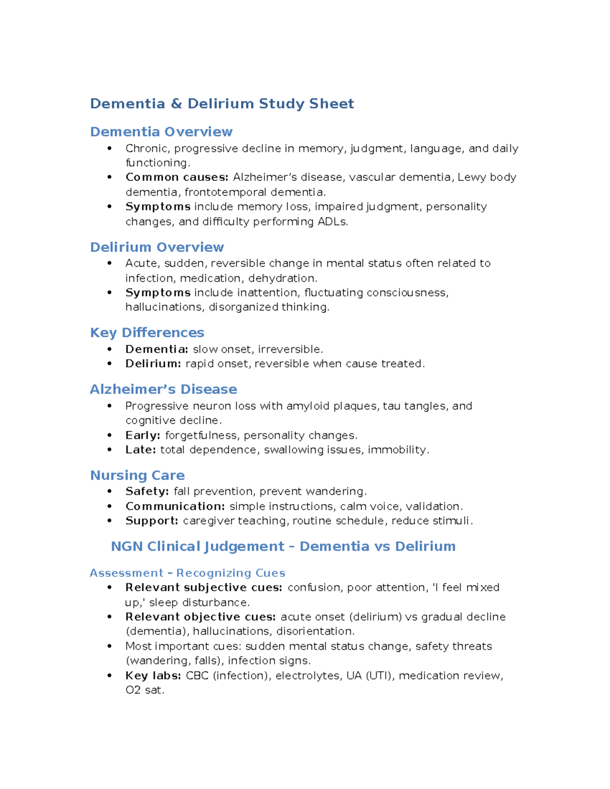 Dementia & Delirium Study Sheet: Key Differences & Nursing Care - Studocu