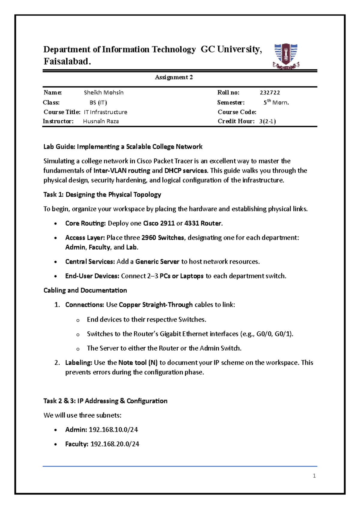 IT Infrastructure Assignment 2: Scalable College Network Design - Studocu