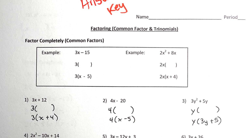Answer Key - Factoring Common Factor Trinomials - Name Period Factoring ...