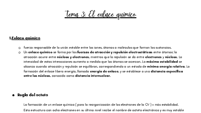 Tema 3: Enlace Químico y Regla del Octeto en Química - Studocu