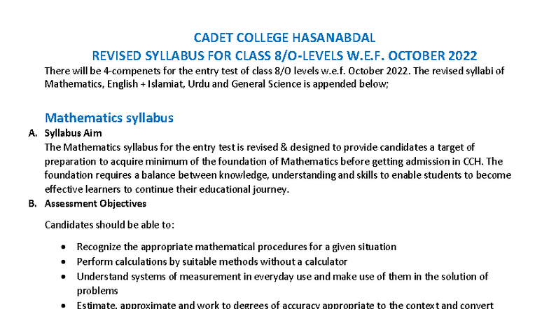 CADET COLLEGE HASANABDAL ENTRY TEST SYLLABUS (CLASS 7) - Studocu