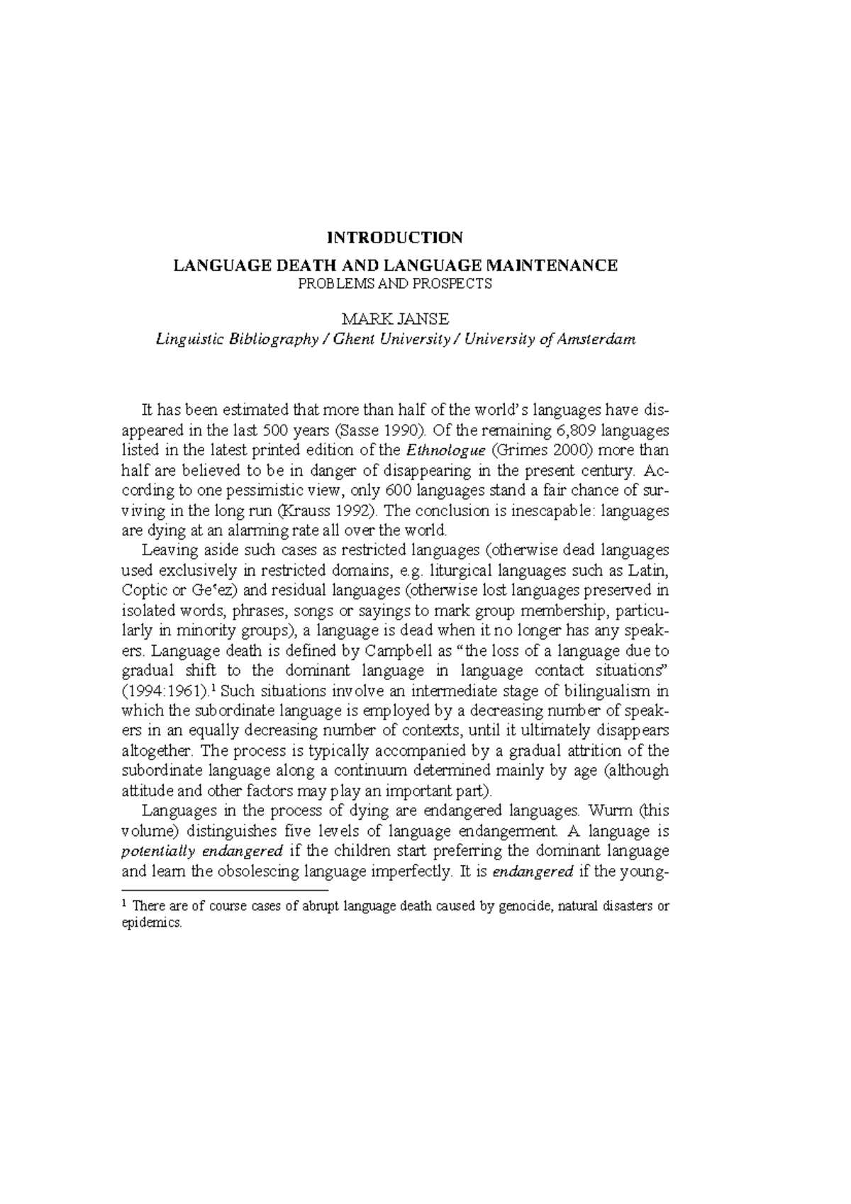 Language Death Intro - notes for essay 2 - INTRODUCTION LANGUAGE DEATH ...