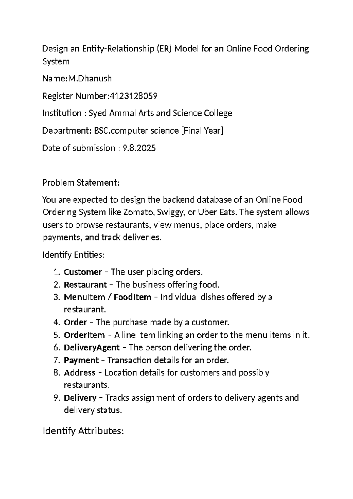 BSC CS ER Model Design for Online Food Ordering System - Studocu