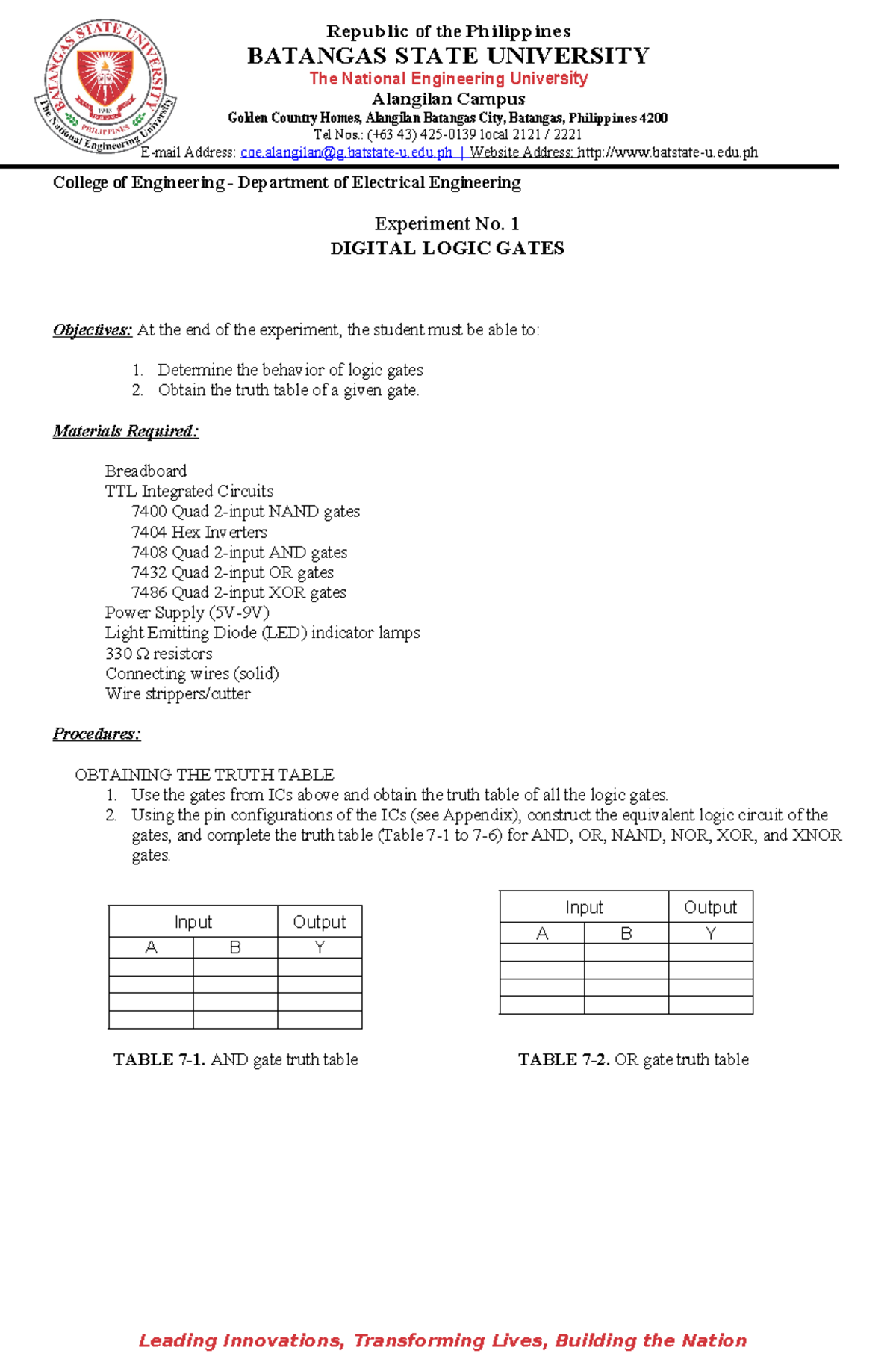 Lab Experiment 1 Logic Circuits Experiments Republic Of The