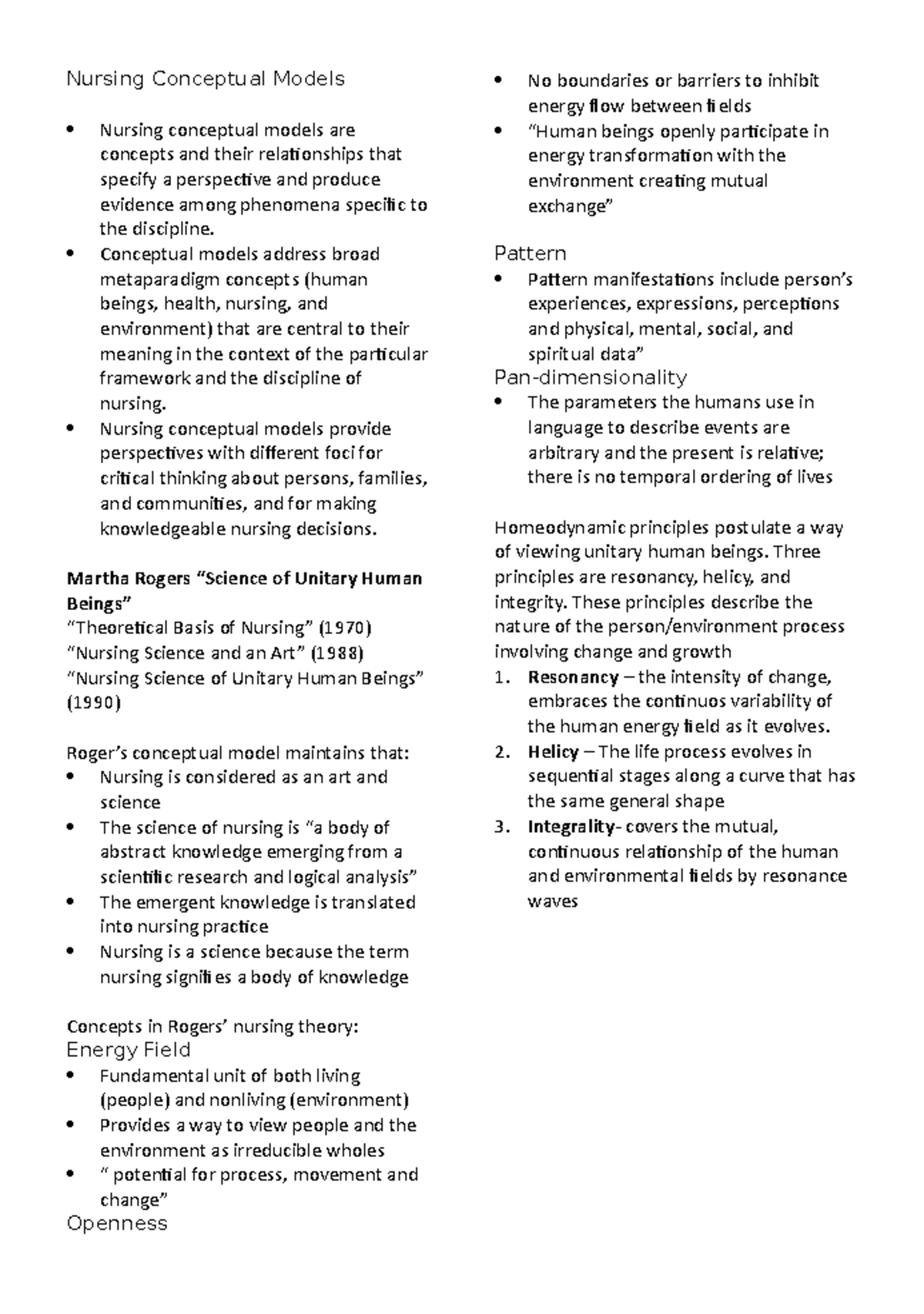 NUR 101 - Nursing Conceptual Models Overview and Theory Notes - Studocu