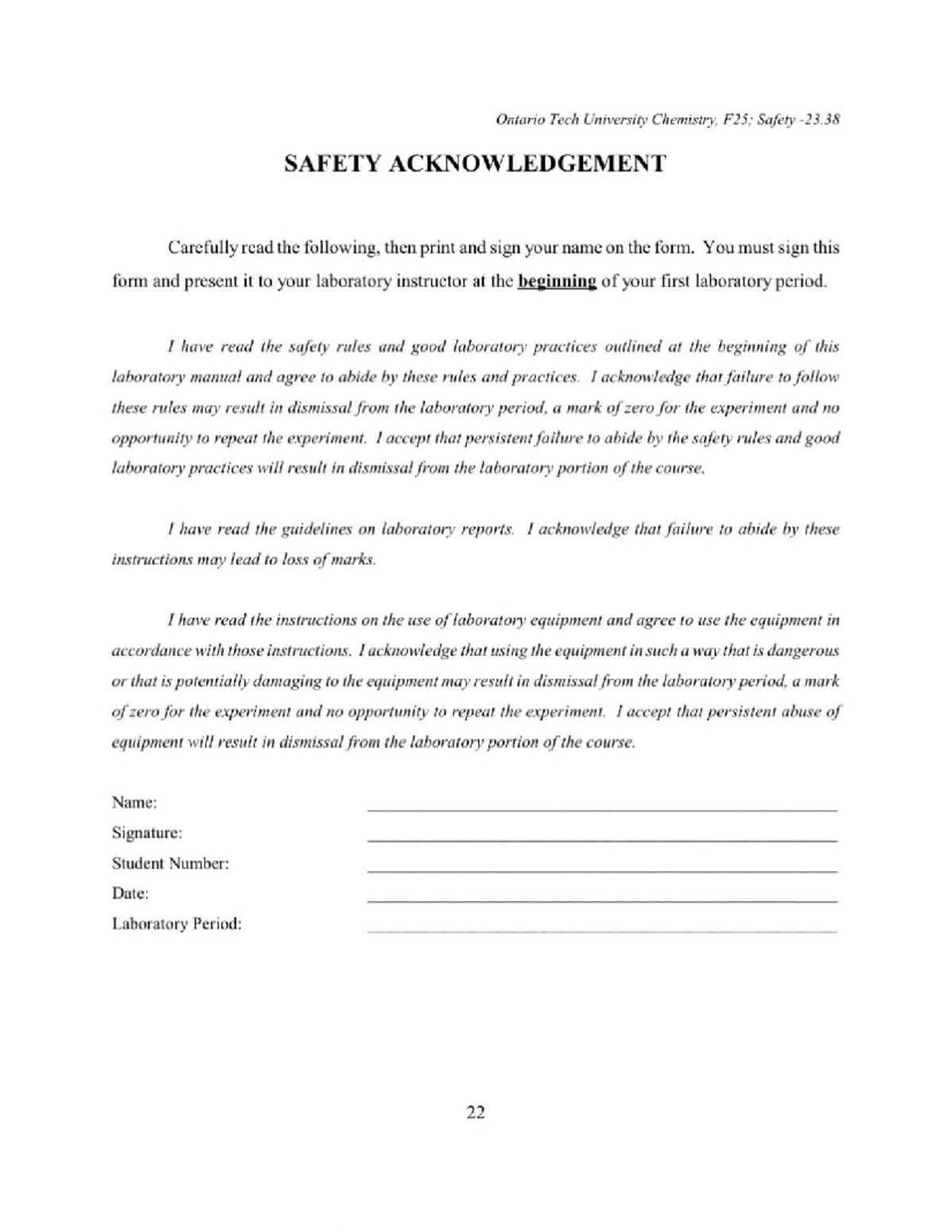 Ontario Tech University CHEM 1010U: Safety Acknowledgement ...