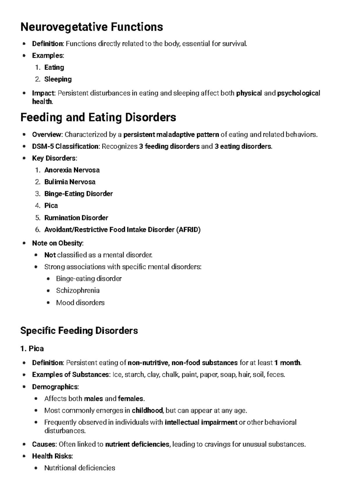 Neurovegetative Functions & Eating Disorders Overview - PSY 101 - Studocu