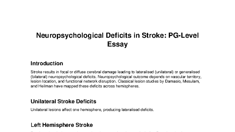 PSY 301: Neuropsychological Deficits in Stroke - Essay Overview - Studocu
