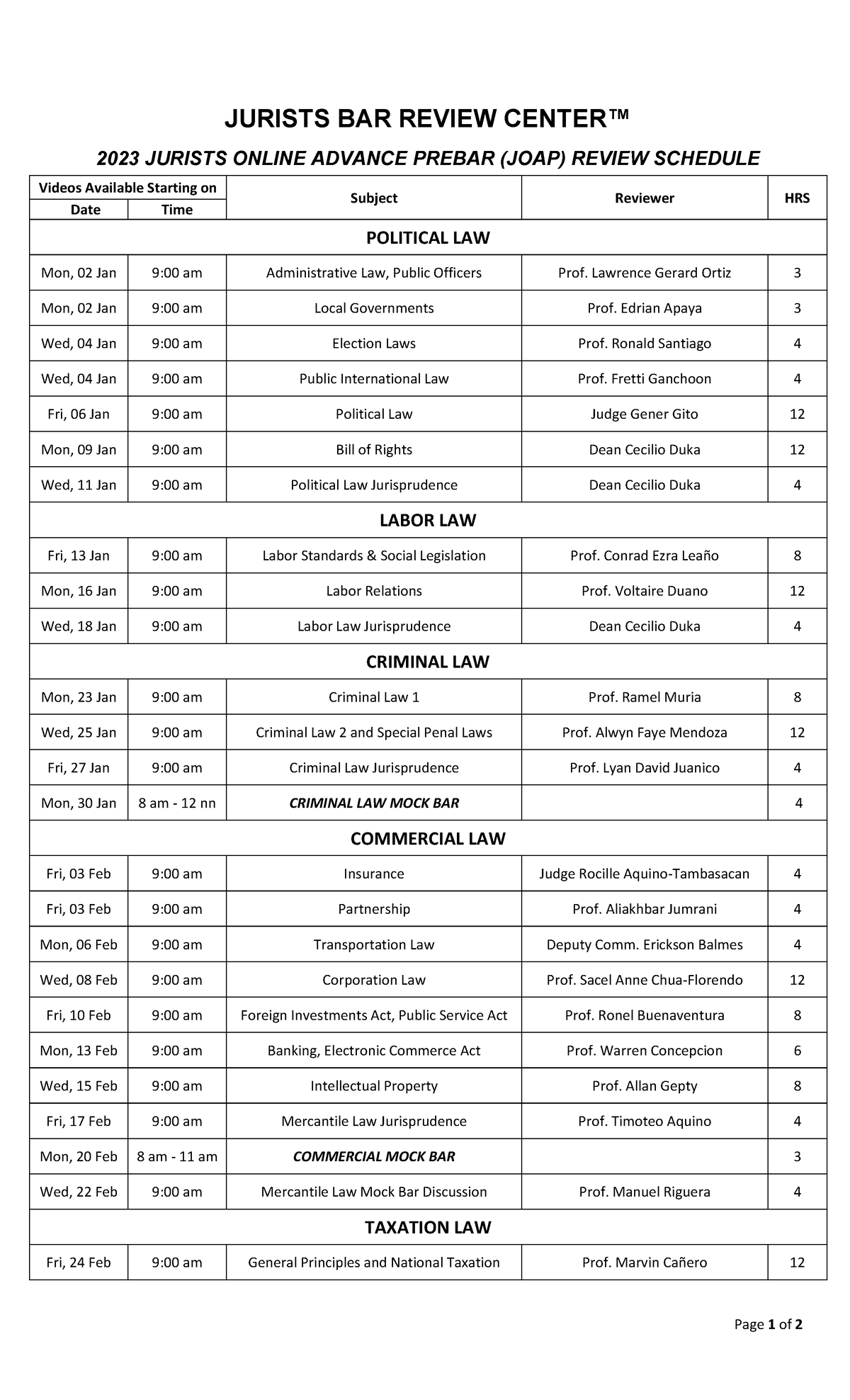 2023 JOAP Schedule of Lectures - Page 1 of 2 JURISTS BAR REVIEW CENTER ...