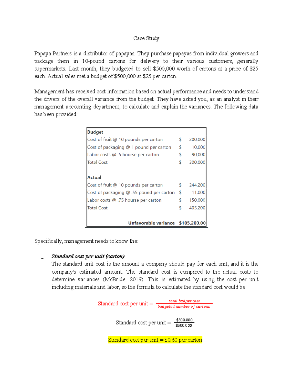 Unit 5 Case Study: Variance Analysis for Papaya Partners - Studocu