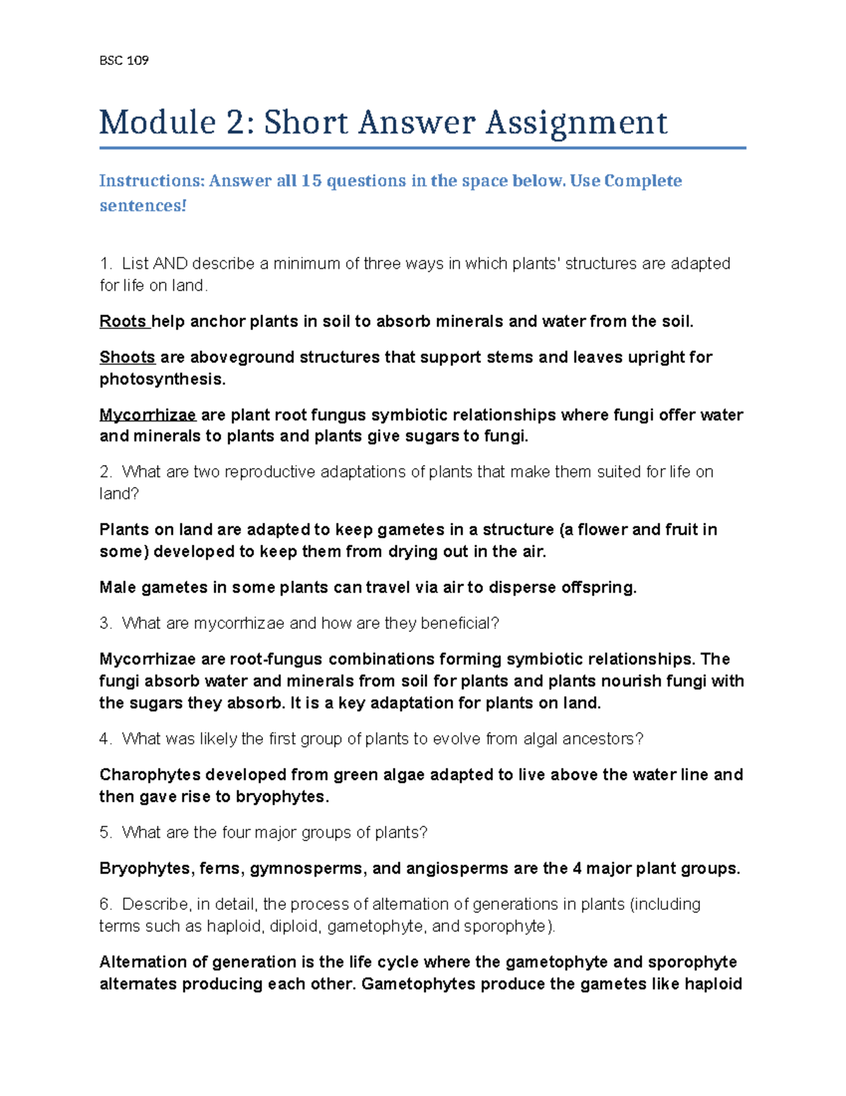 BSC 109 Module 2: Short Answer Assignment Overview and Instructions ...