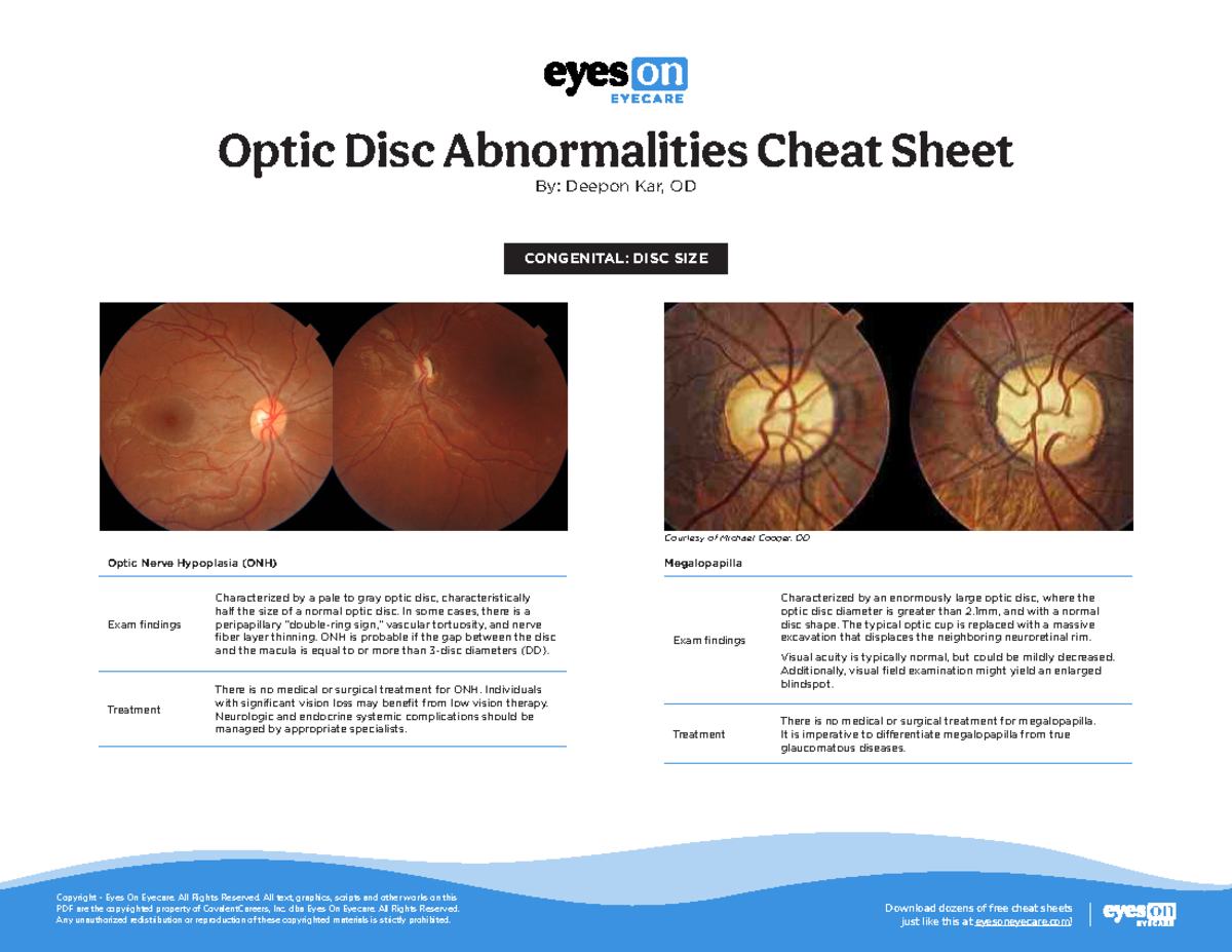 Optic Disc Abnormalities Overview Cheat Sheet - Optometry Course - Studocu
