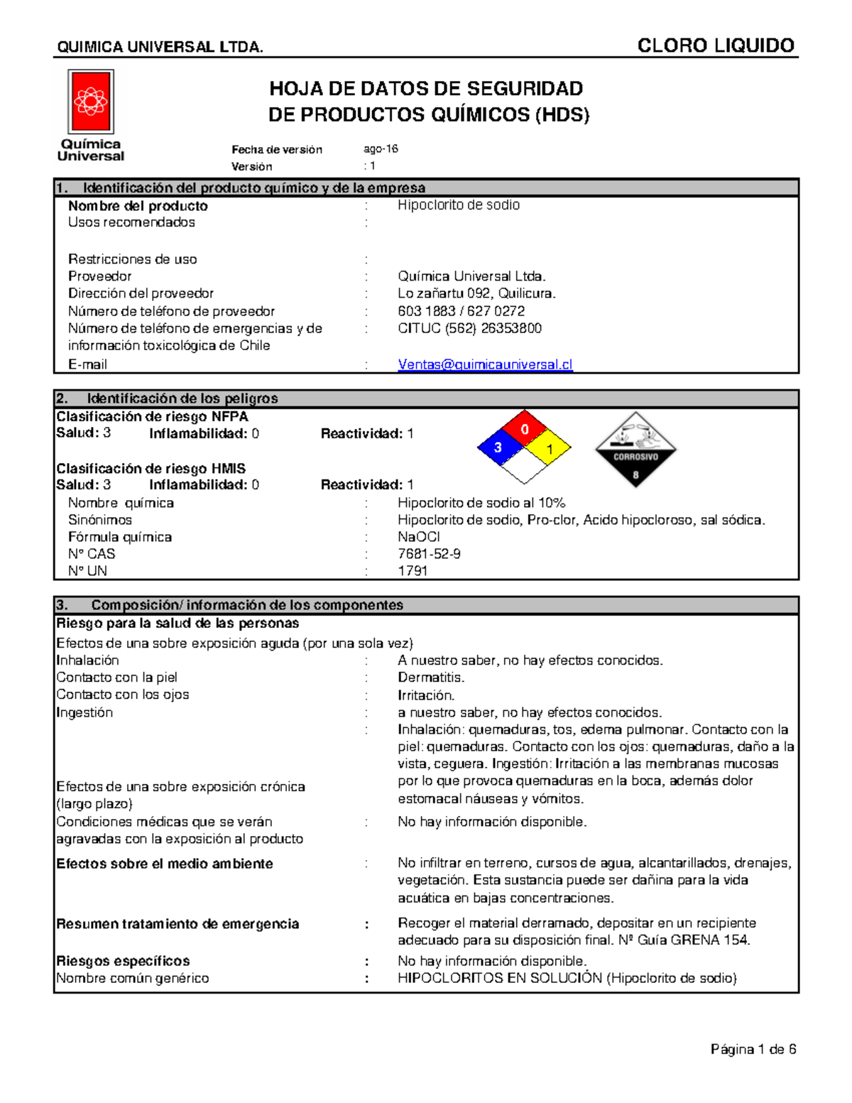 Ficha técnica Cloro - : 1 : Hipoclorito de sodio : : : Química Universal Ltda. : Lo zañartu 092 ...