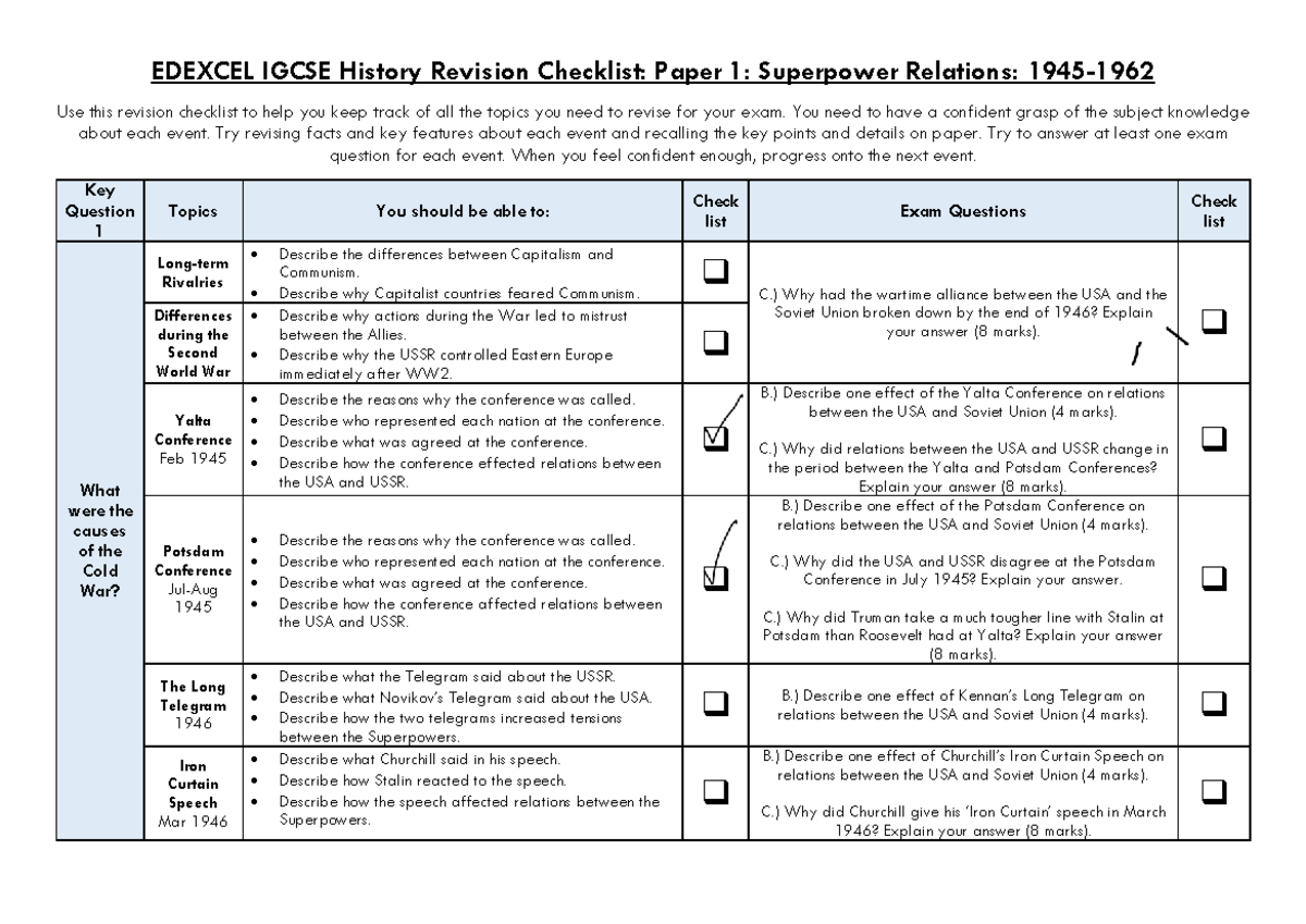 EDEXCEL IGCSE History Revision Checklist: Cold War Topics - Studocu